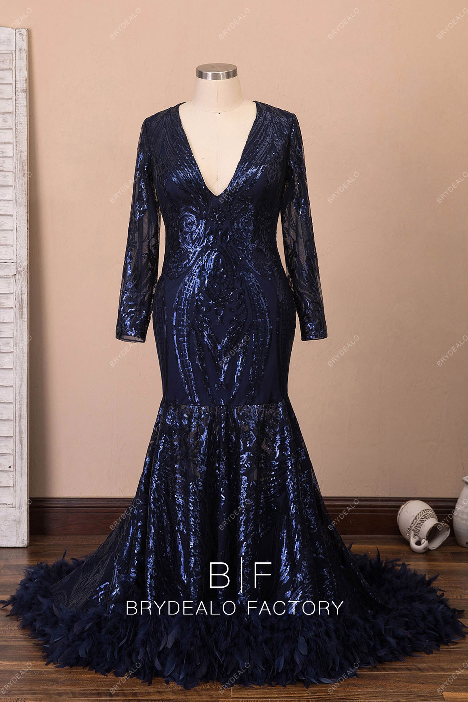 Navy Sleeved Sparkly Sequin Feather Mermaid Prom Dress