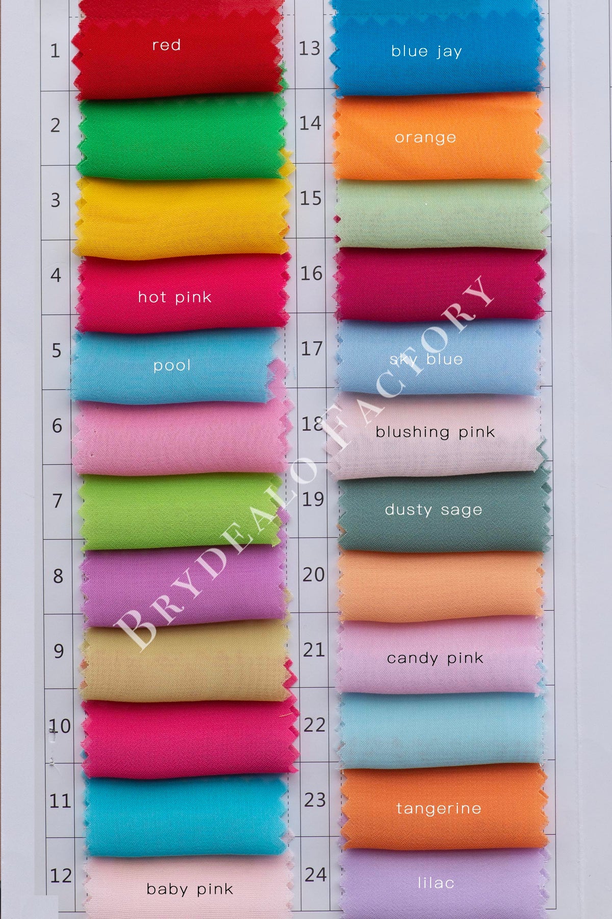 Flowy 100D Chiffon Fabric Color Chart | 160+ Colors
