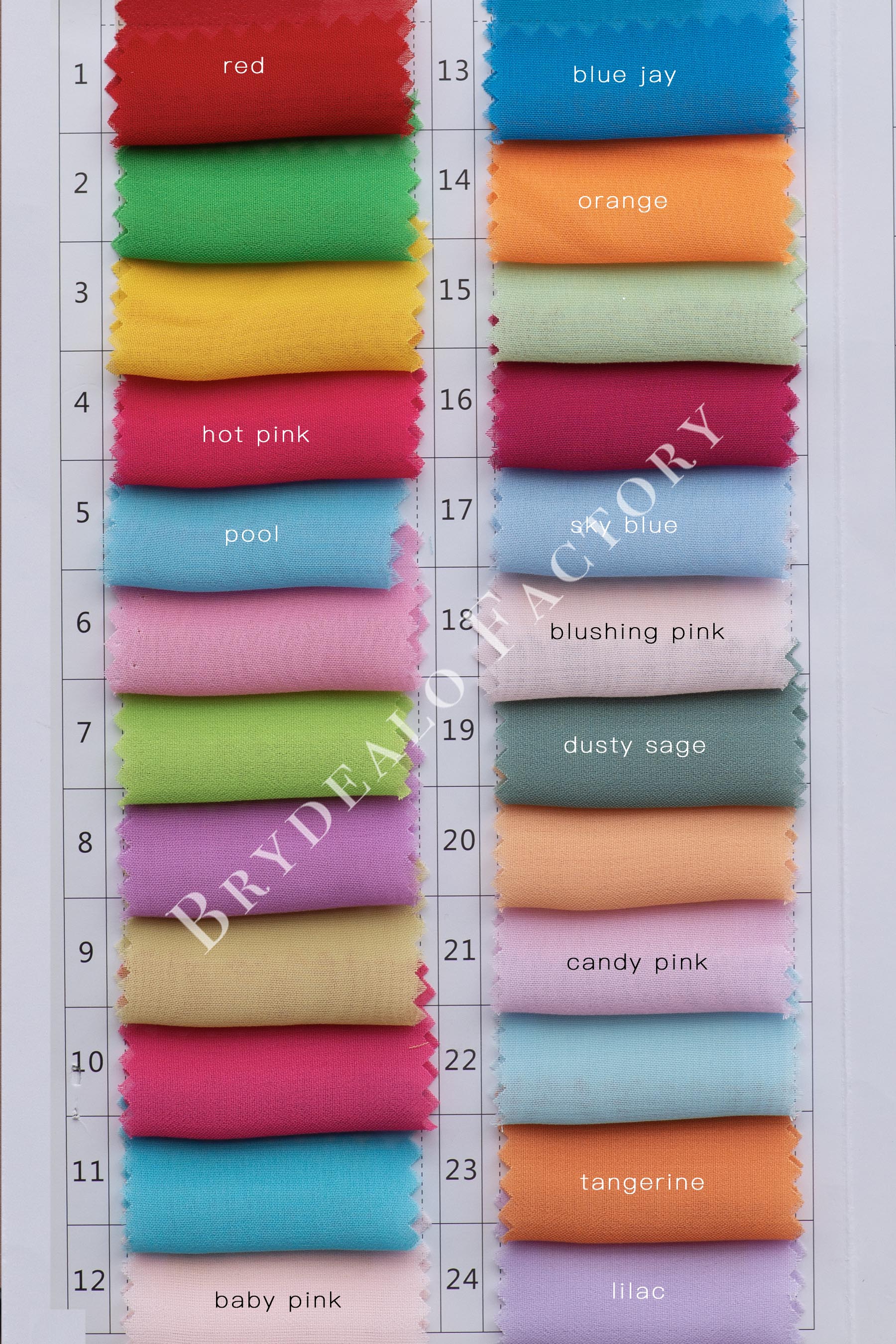 Flowy 100D Chiffon Fabric Color Chart | 160+ Colors
