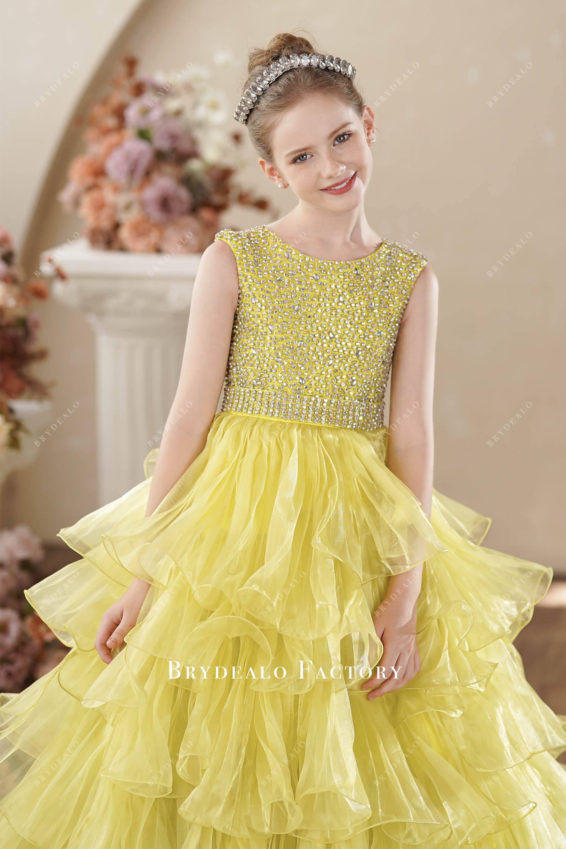 Luxury Yellow Sparkly Pleated Layered Organza Kids Formal Gown