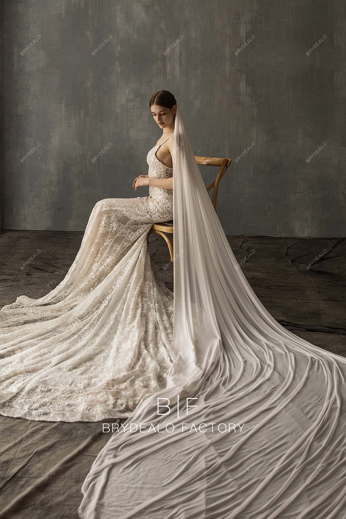 Stretchy Power Mesh Simple Cathedral Length Raw Cut Wedding Veil