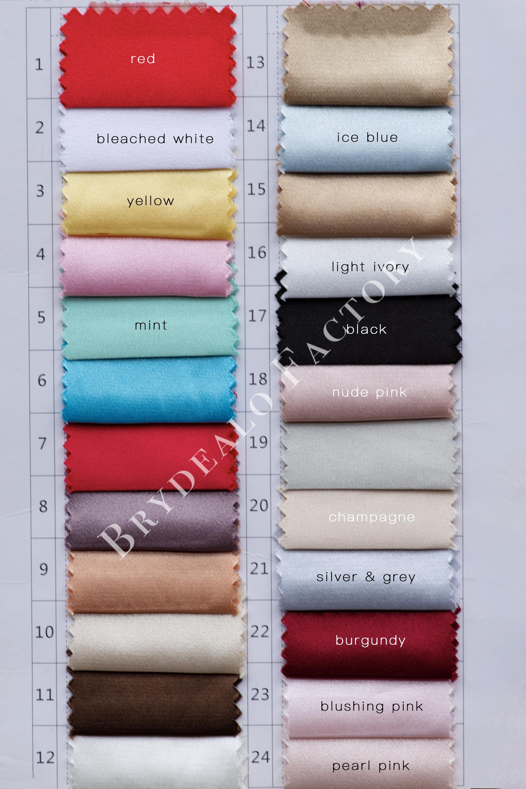 Silky Polyester Charmeuse Satin Fabric Color Chart | 120+ Colors