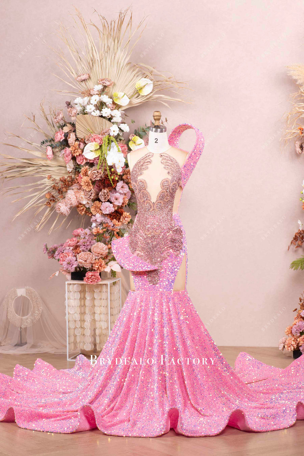Luxury Pink Sequin Rhinestone Shoulder Panel Prom Dress