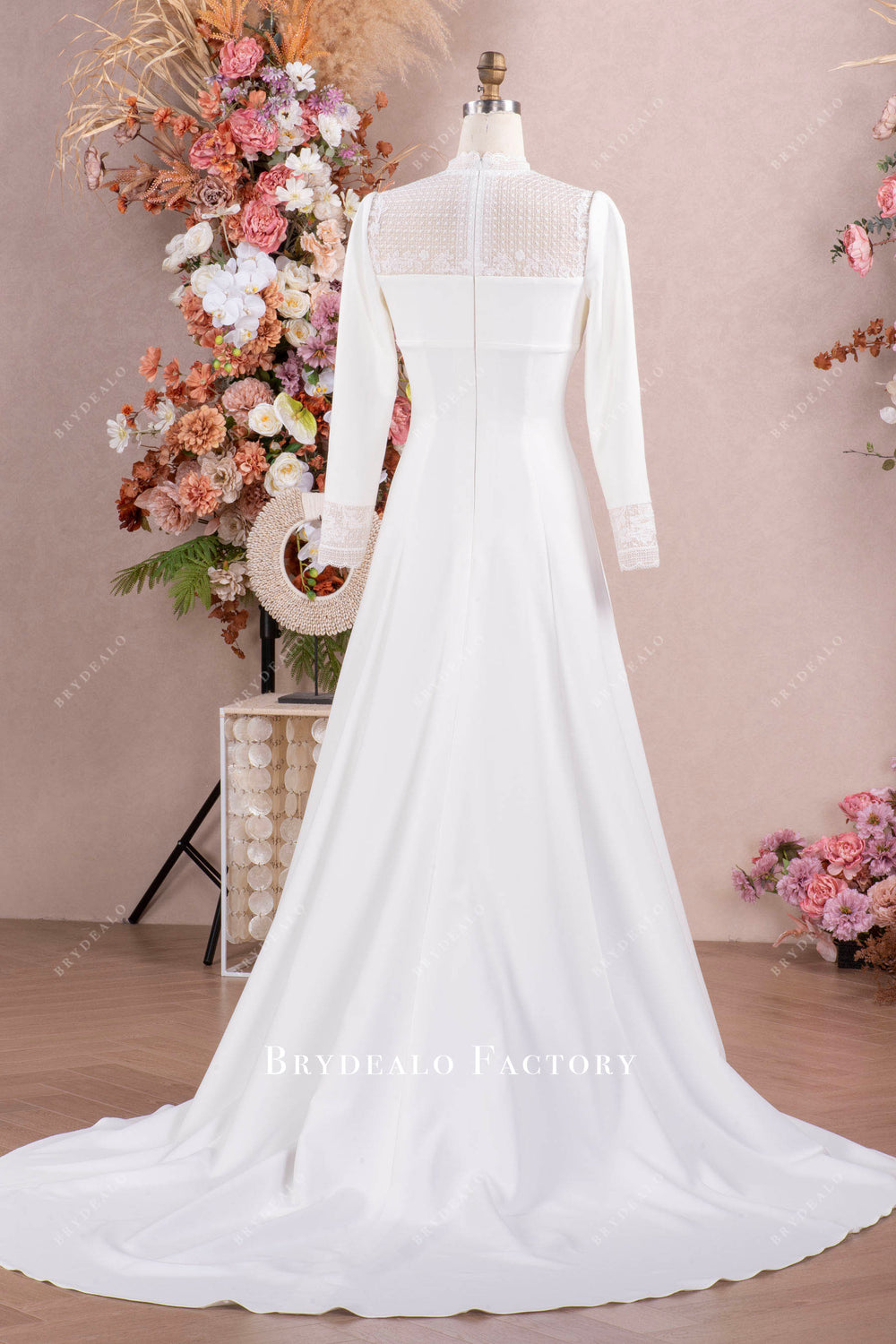 Royal Lace High Neck Long Sleeve Crepe Wedding Gown