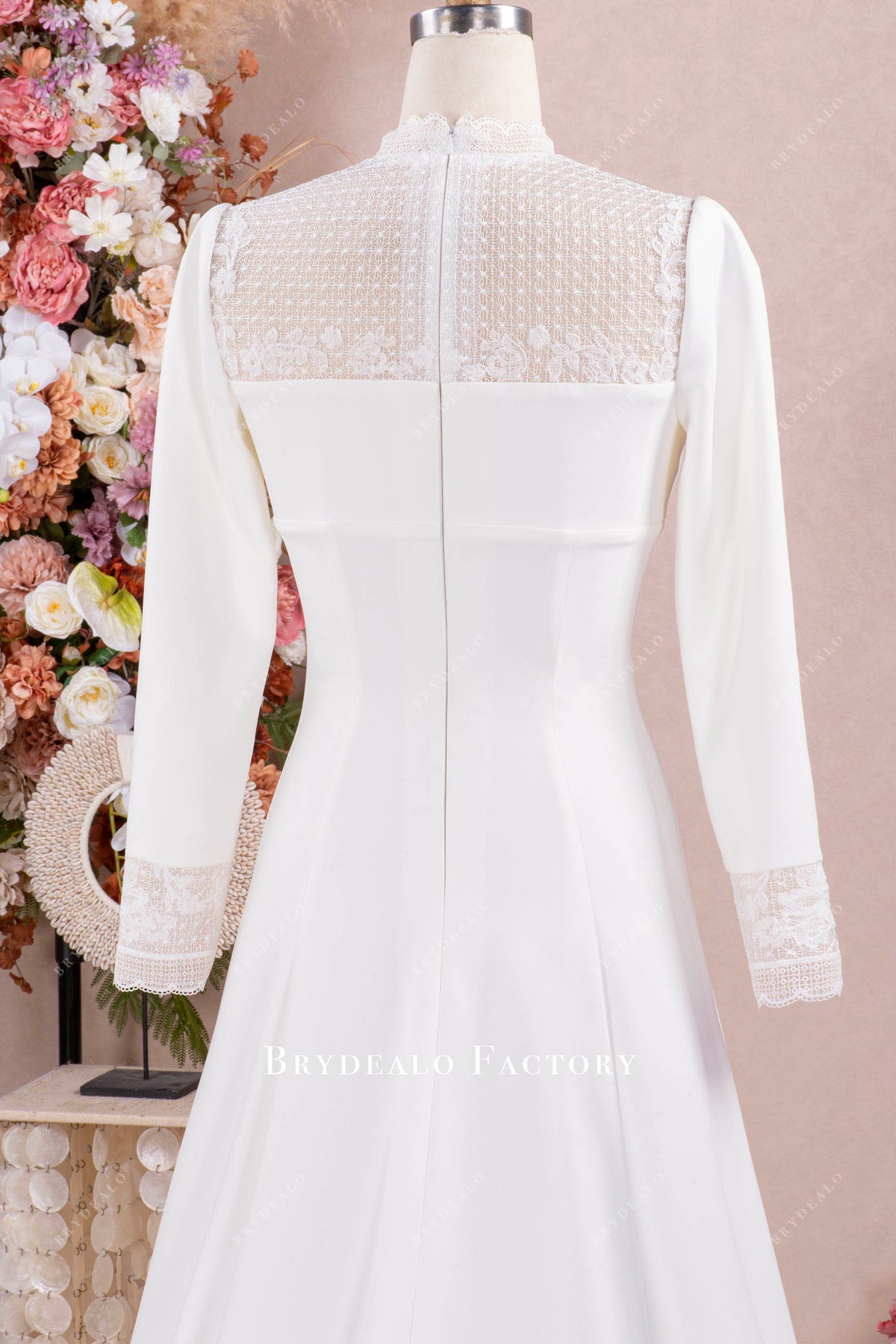 Royal Lace High Neck Long Sleeve Crepe Wedding Gown