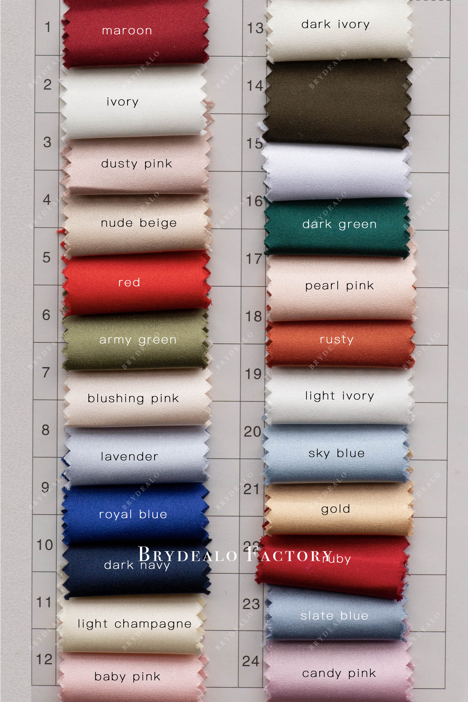 High-End Sheen Bridal Satin Fabric Color Chart｜30+ Colors