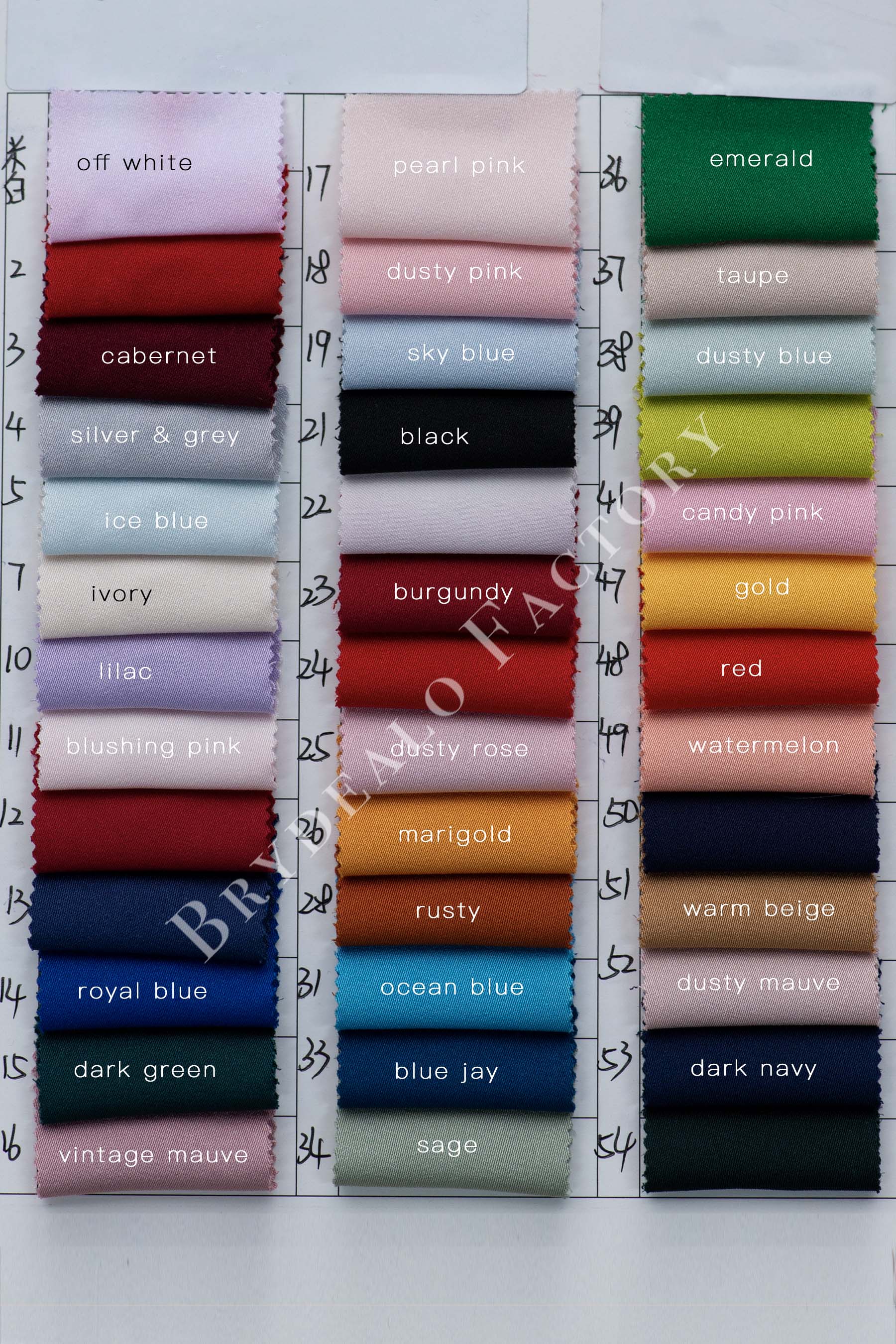 High Quality Polished Italian Satin Color Swatch | 54 Colors