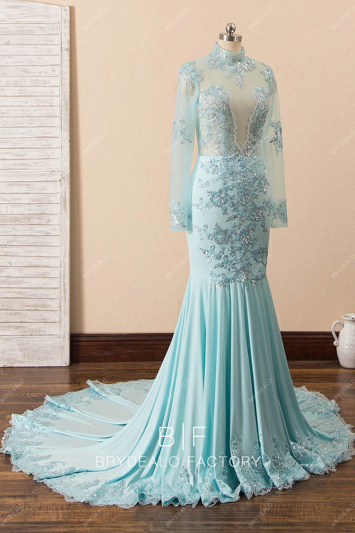 Ice Blue Sequined Lace Jersey Mermaid Prom Dress