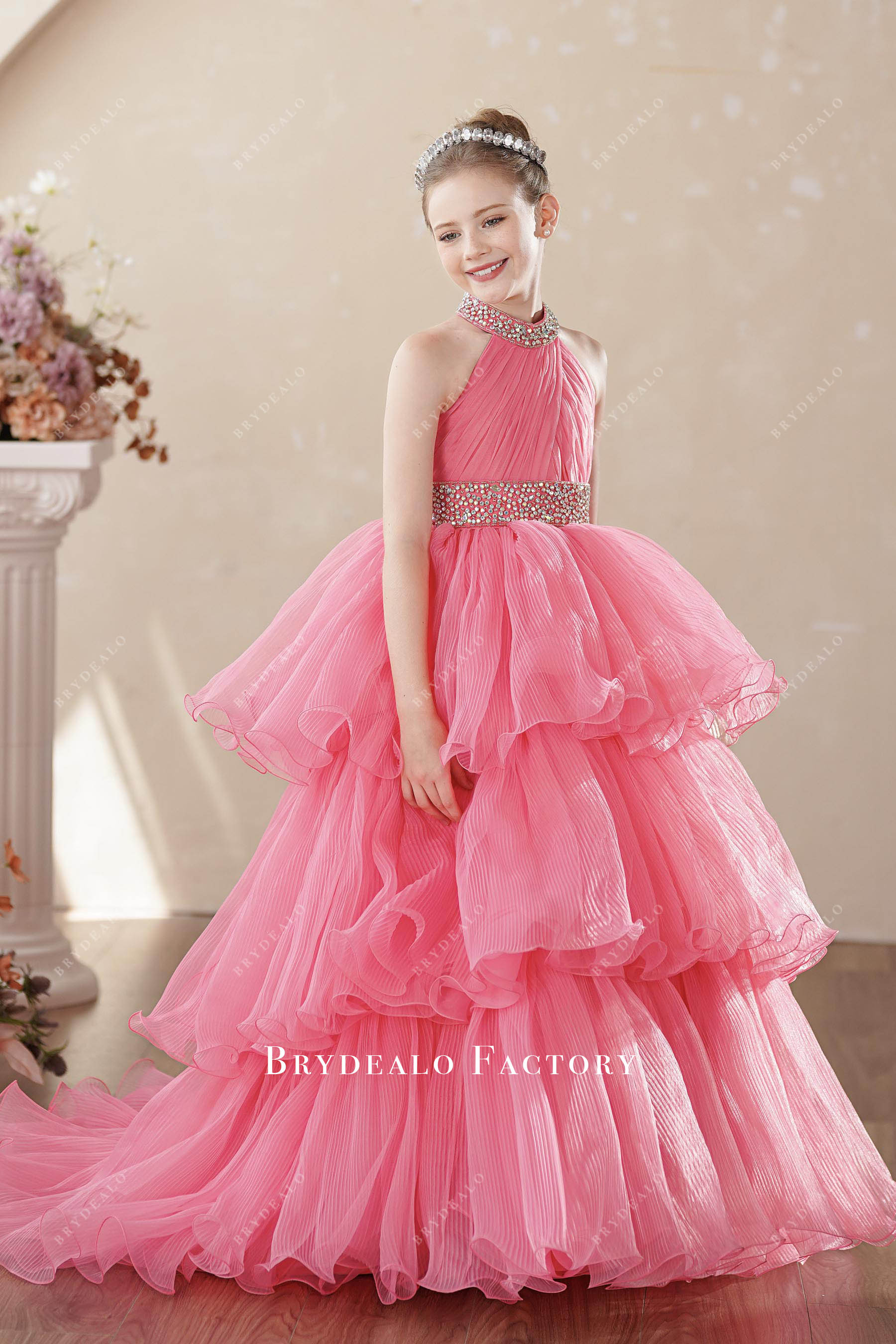 Pink Rhinestone Halter Layered Girls Pageant Dress