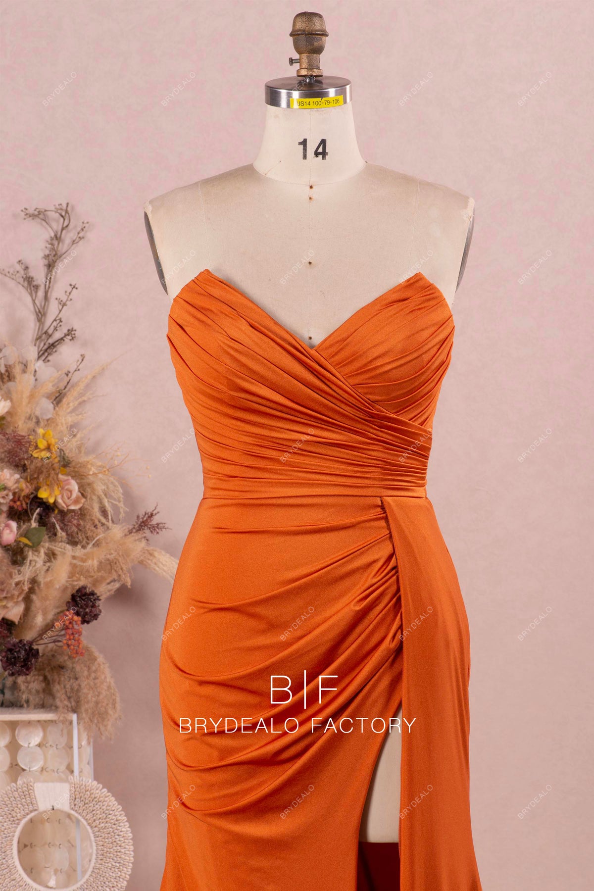 Rusty Pleated V-cut Neck High Slit Bridesmaid Dress