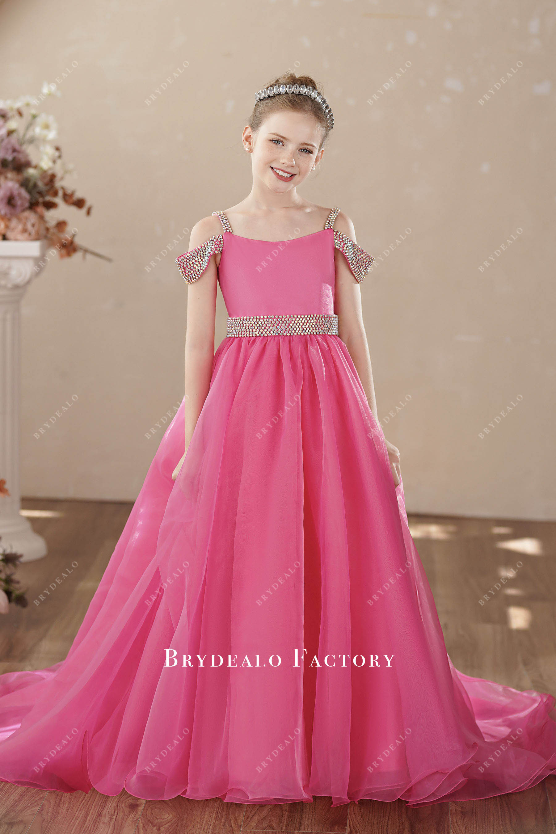 Hot Pink Rhinestone Cold Shoulder Puffy Princess Gown