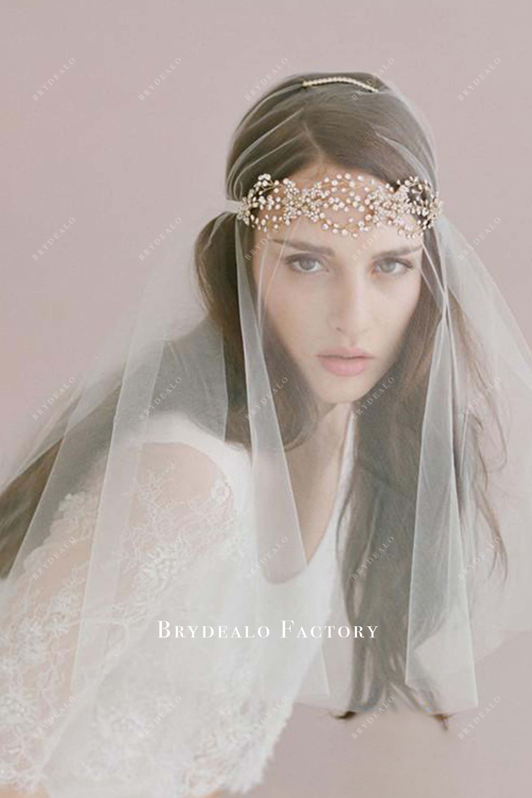 Pearl Crystal Forehead Headpiece Tulle Bridal Veil