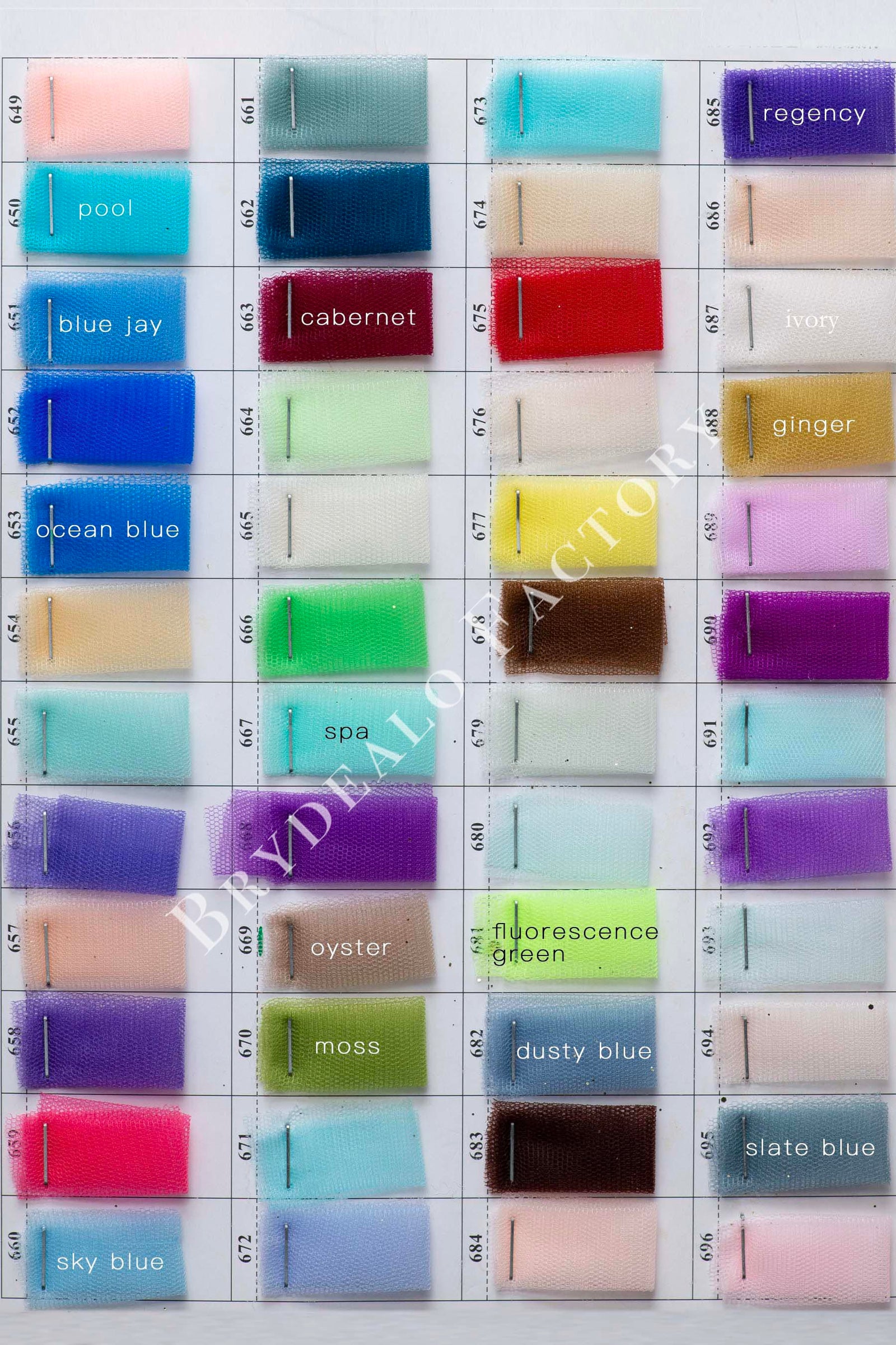 Shimmery Soft Tulle Fabric Color Chart