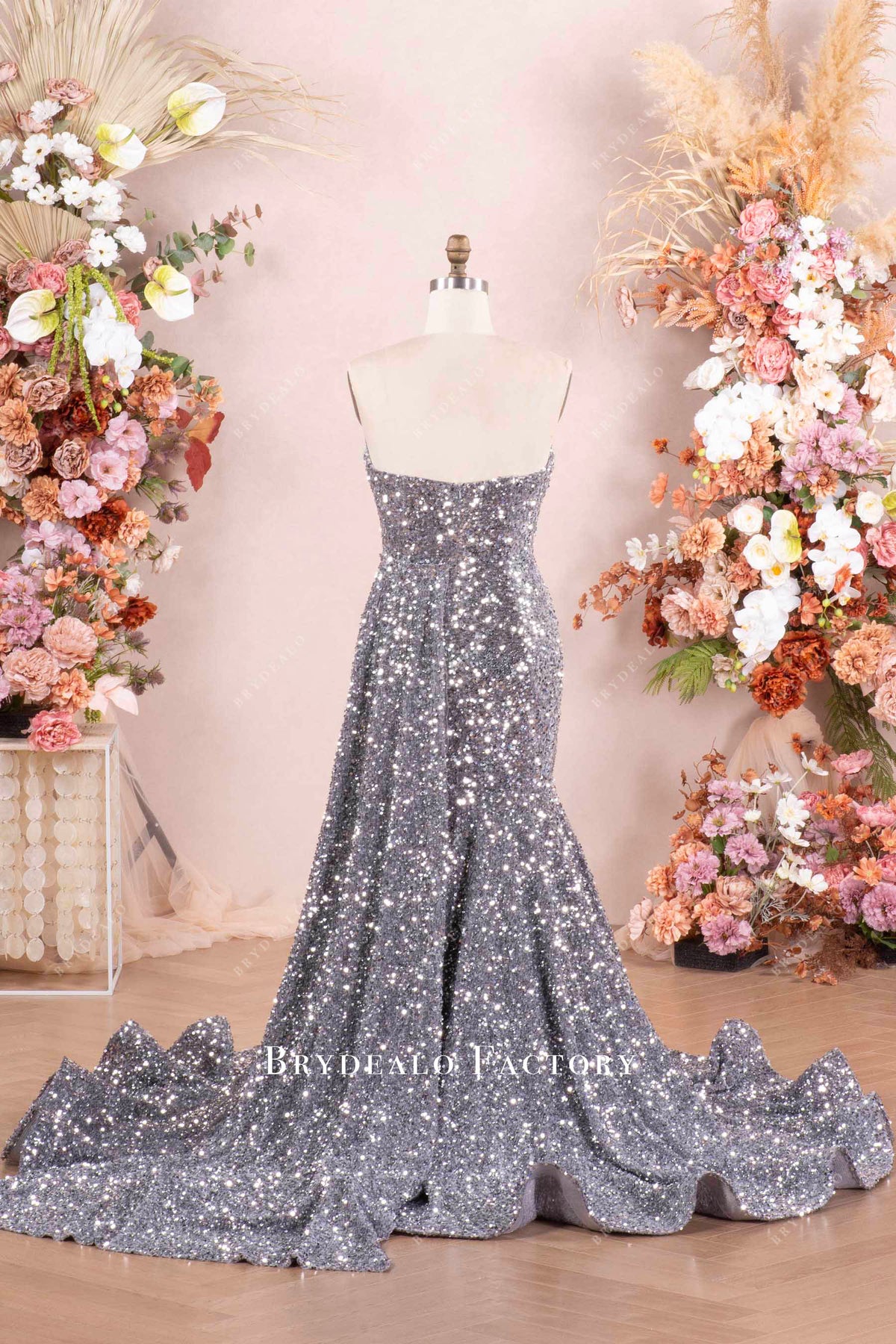 Luxurious Silver Rhinestone Velvet Sequin Prom Dress