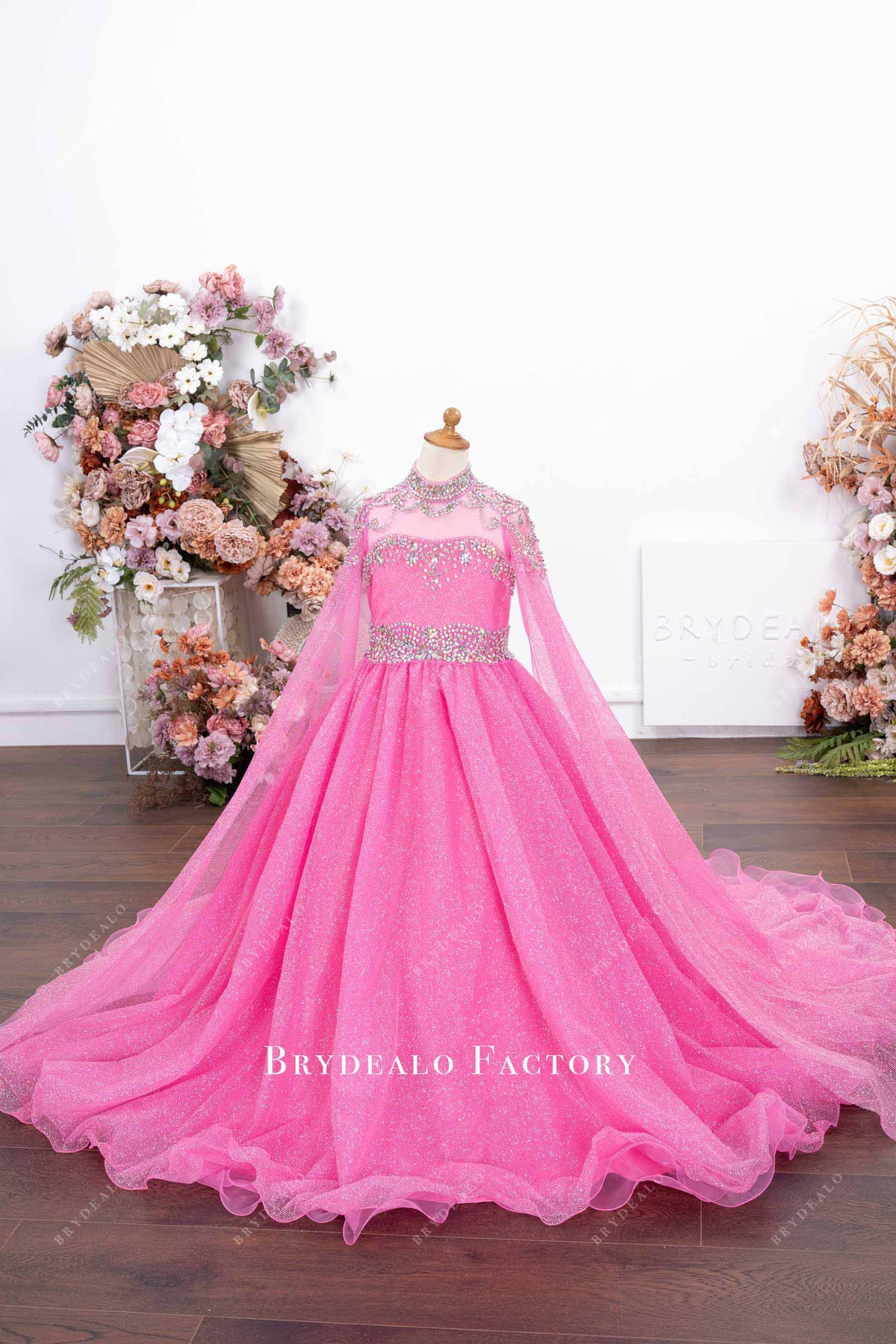 Hot Pink Sparkly Long Sleeves Rhinestone High Neck Teen Pageant Gown
