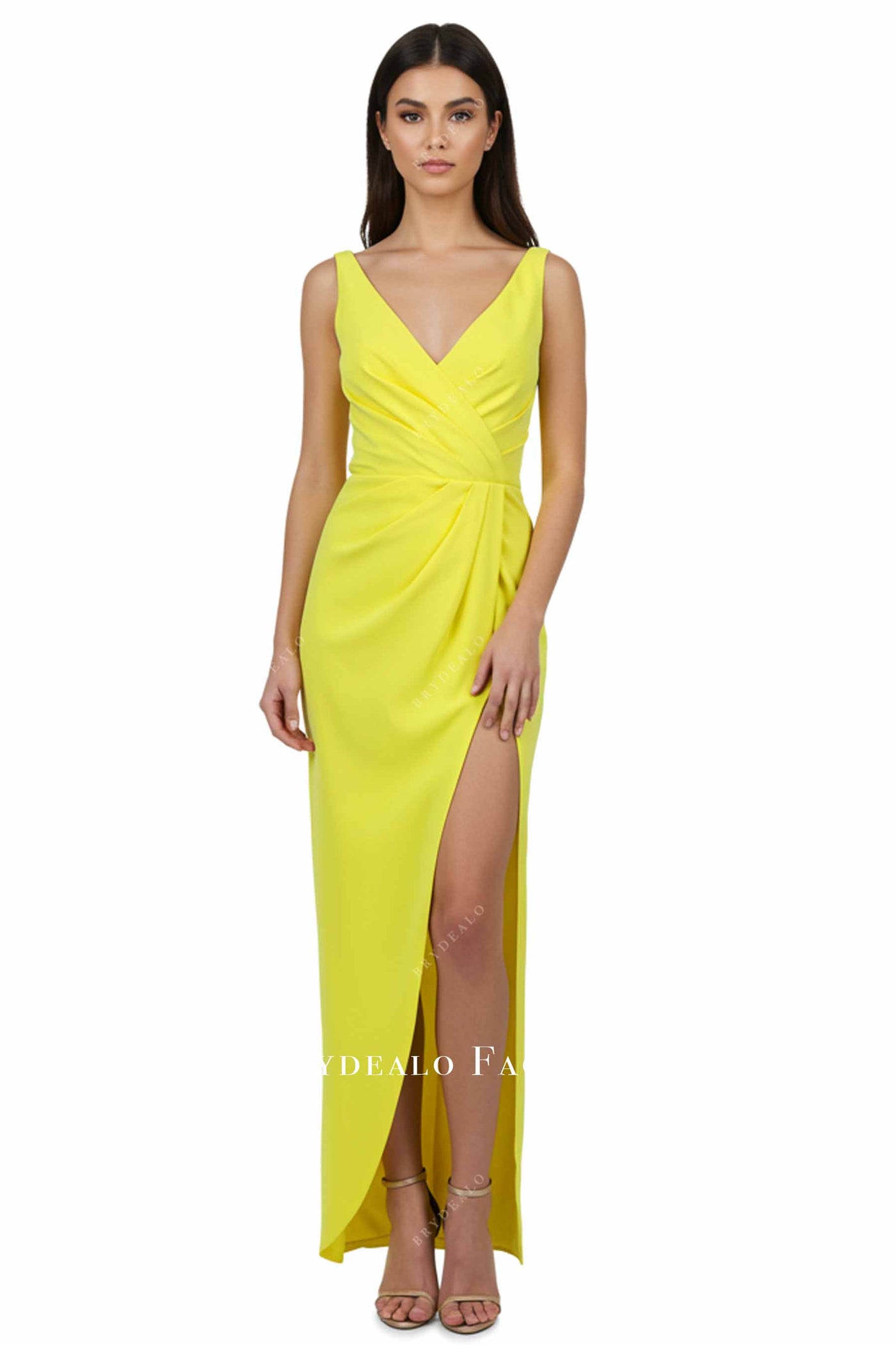 Yellow V Neck Bridesmaid Dress Pleated Slit Sheath Skirt