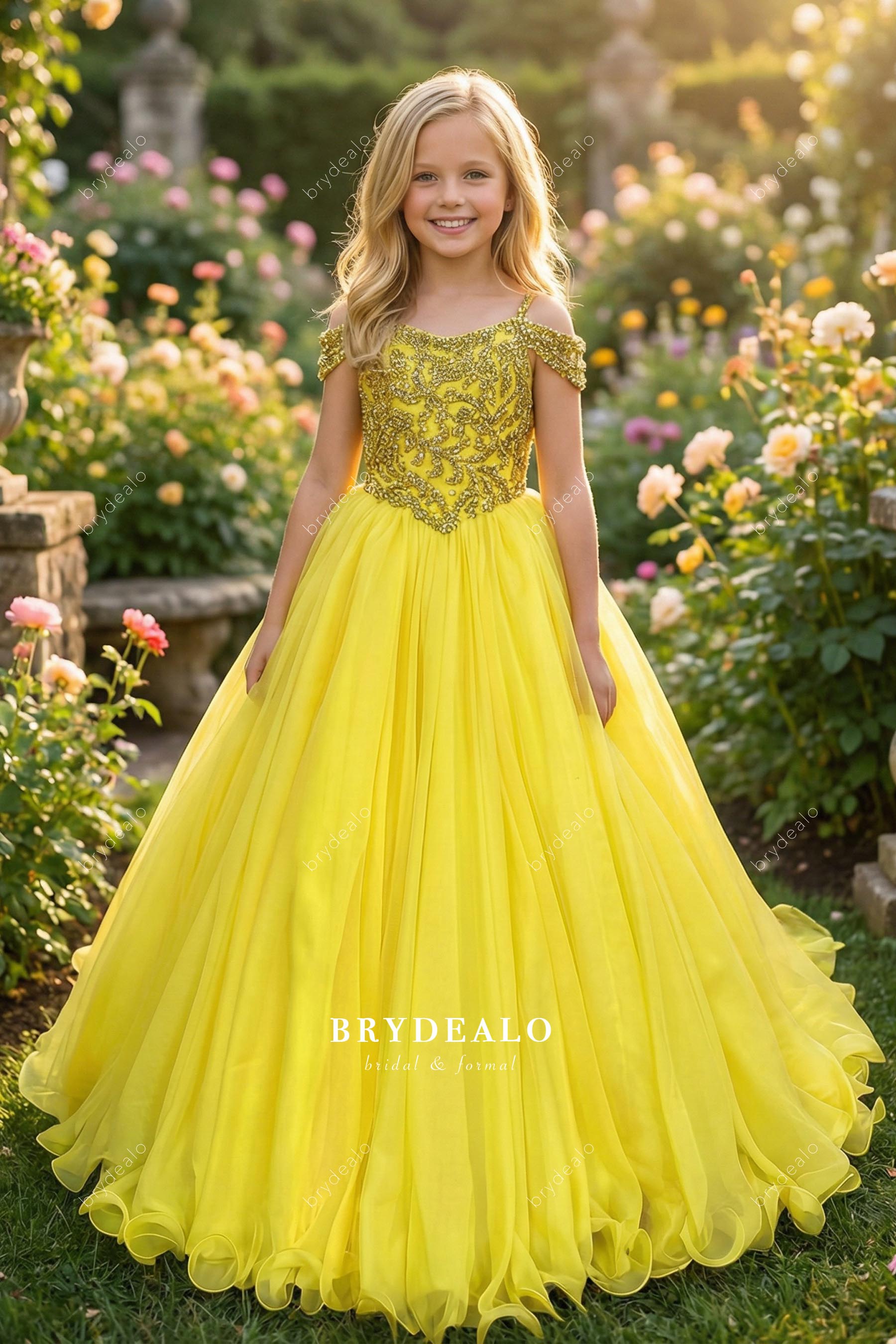 Yellow Rhinestone Cold Shoulder Kids Pageant Gown