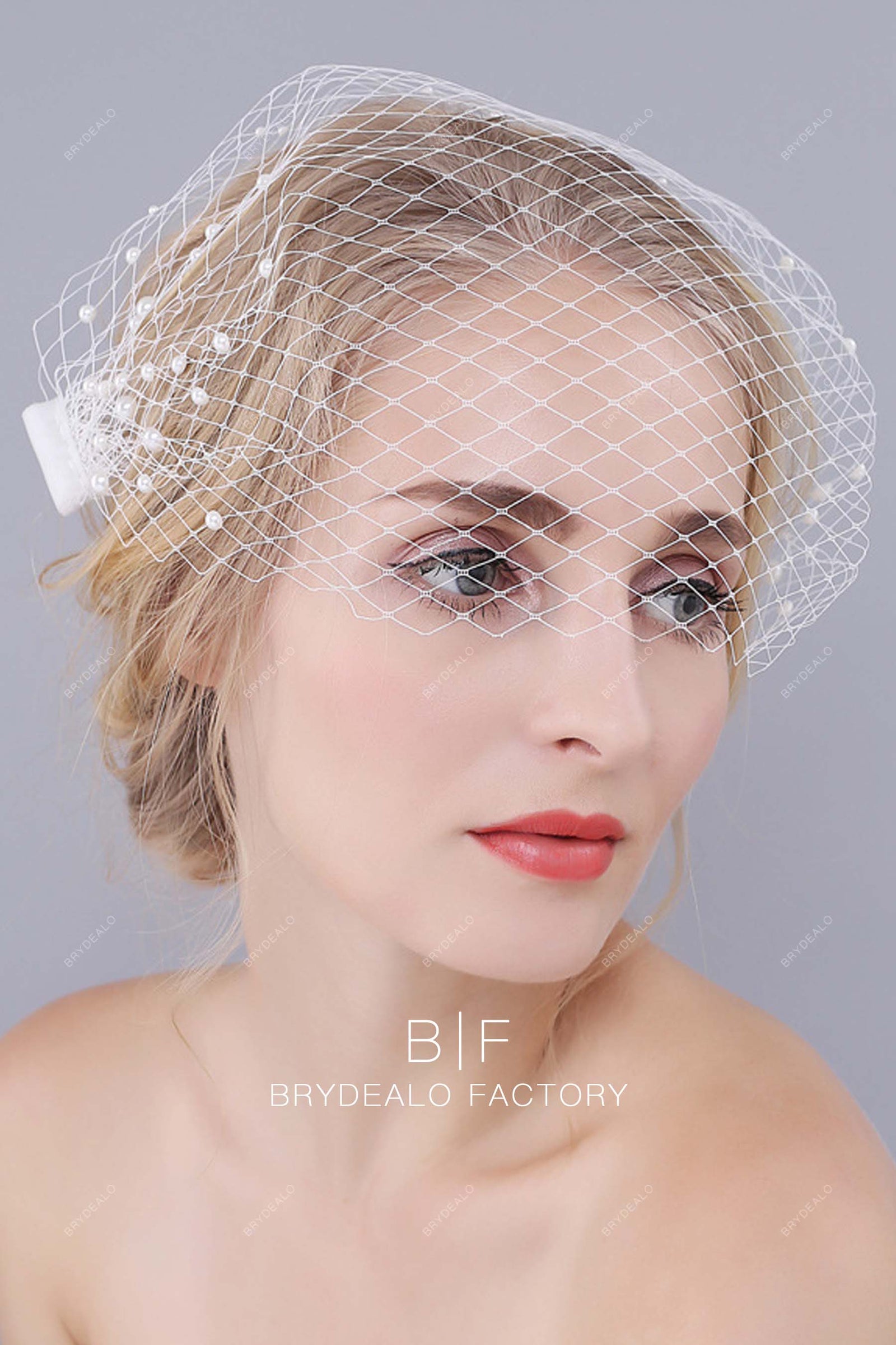 Half Cut Pearls Bandeau Birdcage Veil Blusher Wedding Veil
