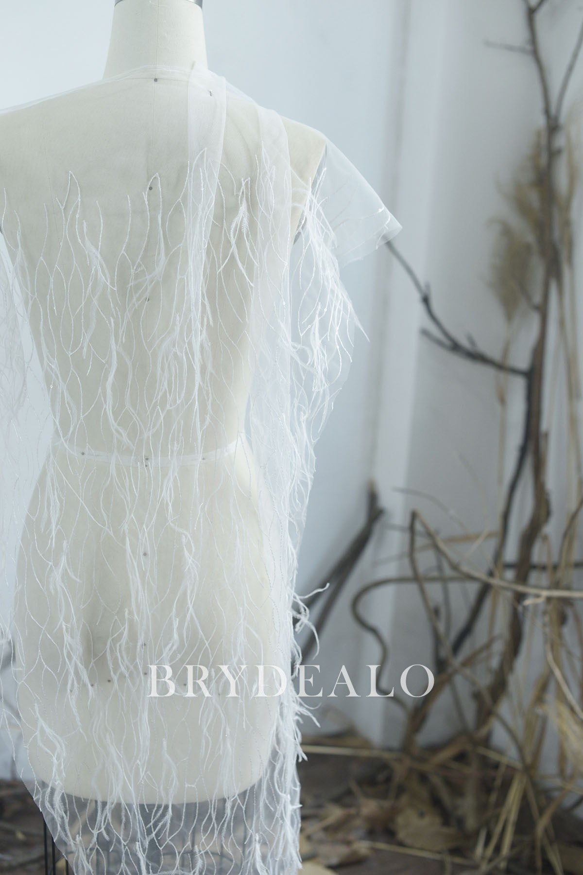 Ostrich Feather Sheer Sequin Bridal Lace Fabric