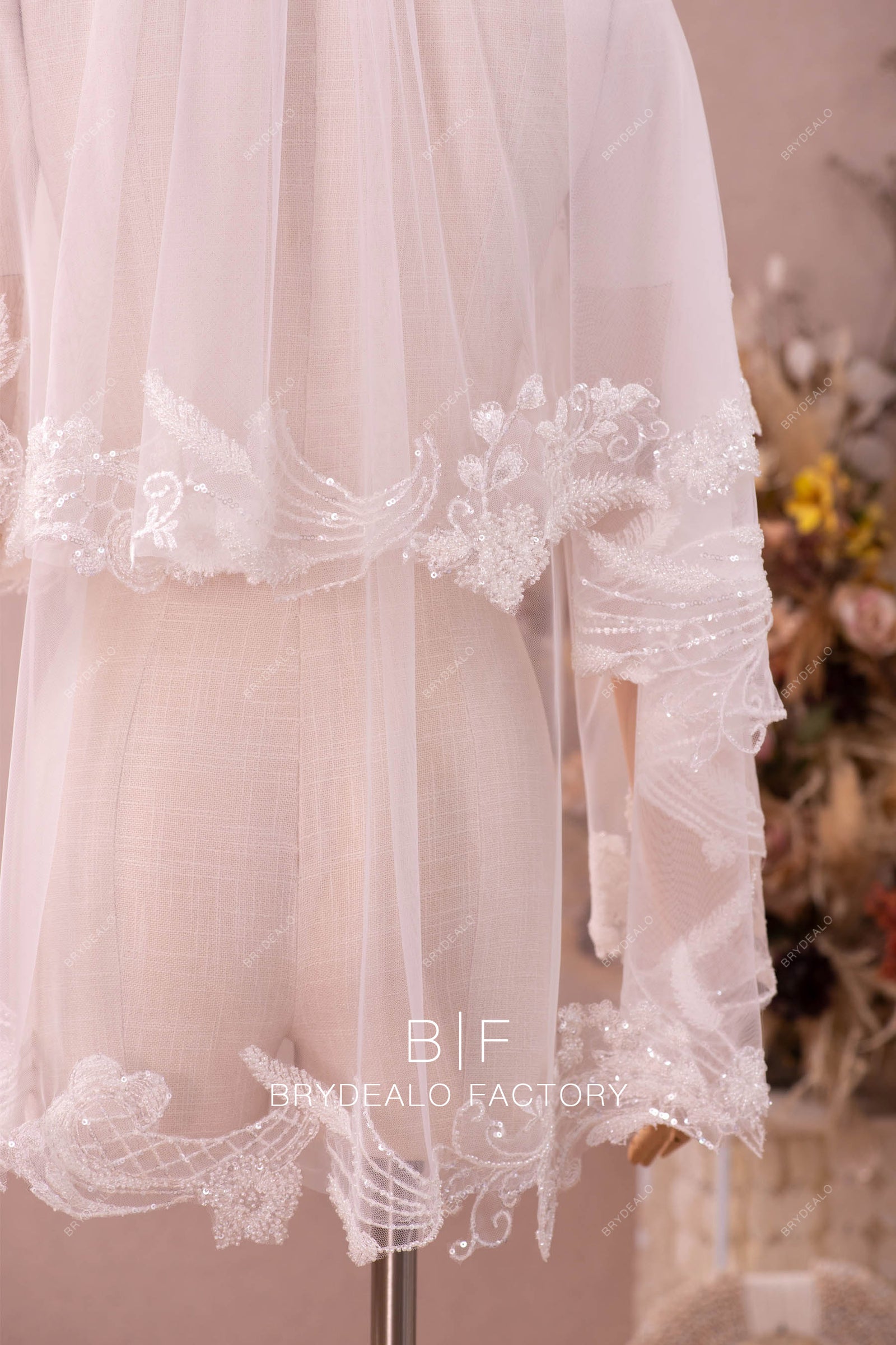 Two-Tier Beaded Lace Finger Length Wedding Veil