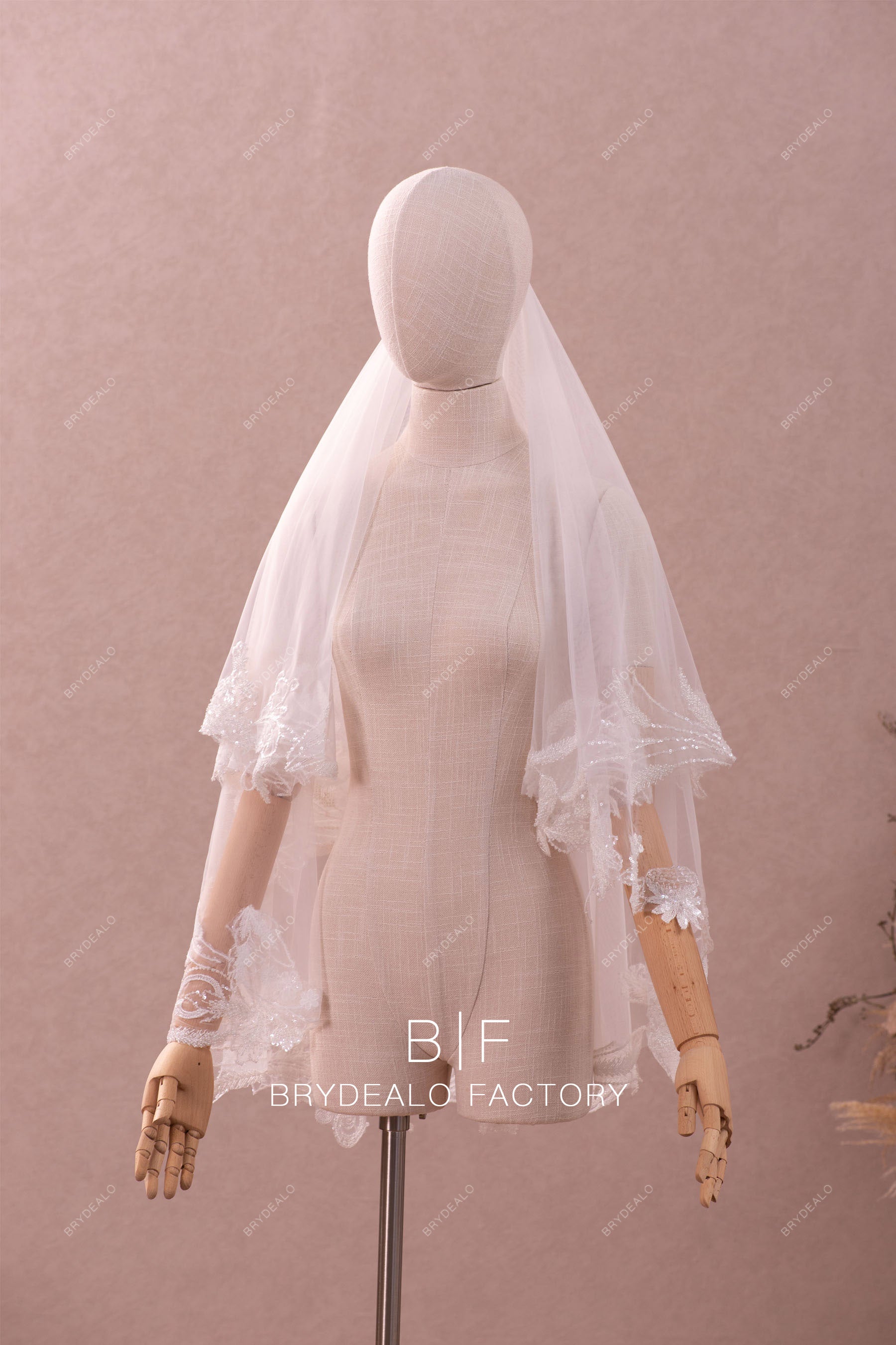 Two-Tier Beaded Lace Finger Length Wedding Veil