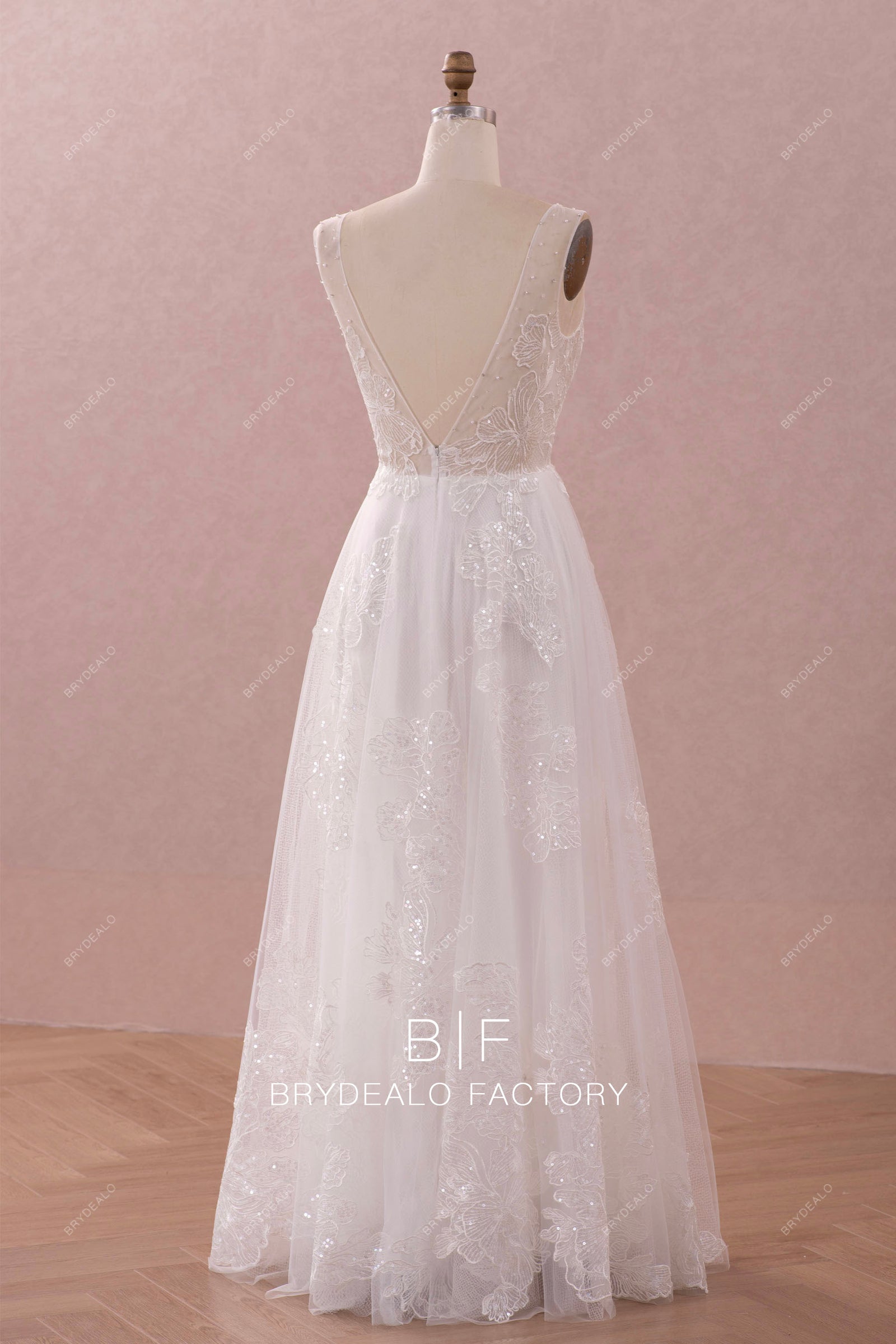 Ethereal Crystal Neck Sequined Lace A-line Wedding Dress