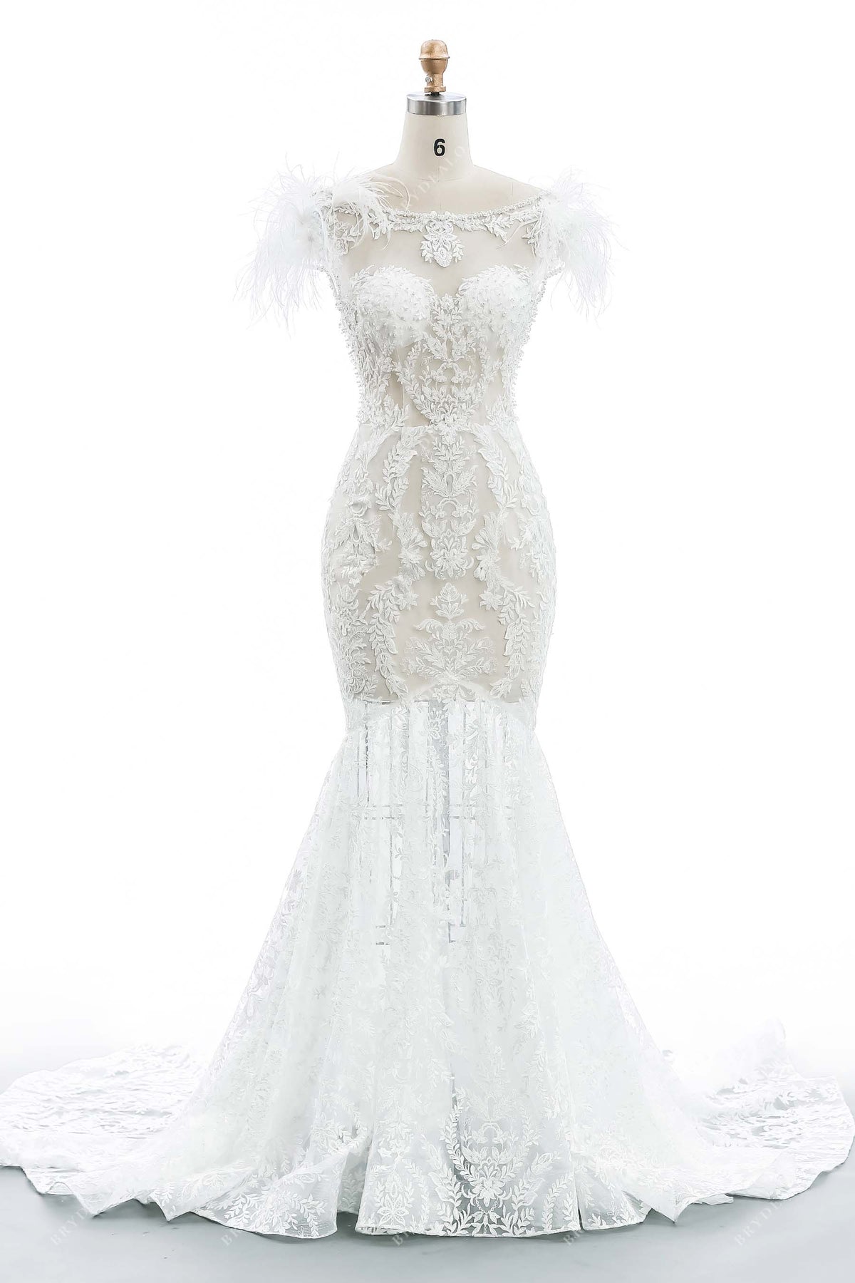 Lace Pearls Feather Sheer Mermaid Wedding Dress
