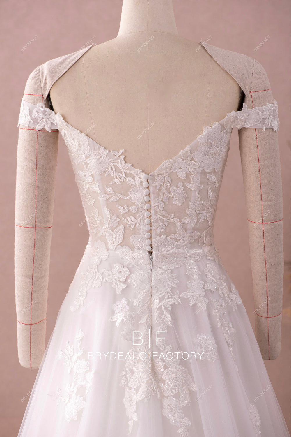 Shimmery Off Shoulder Plunging Lace Bridal Gown