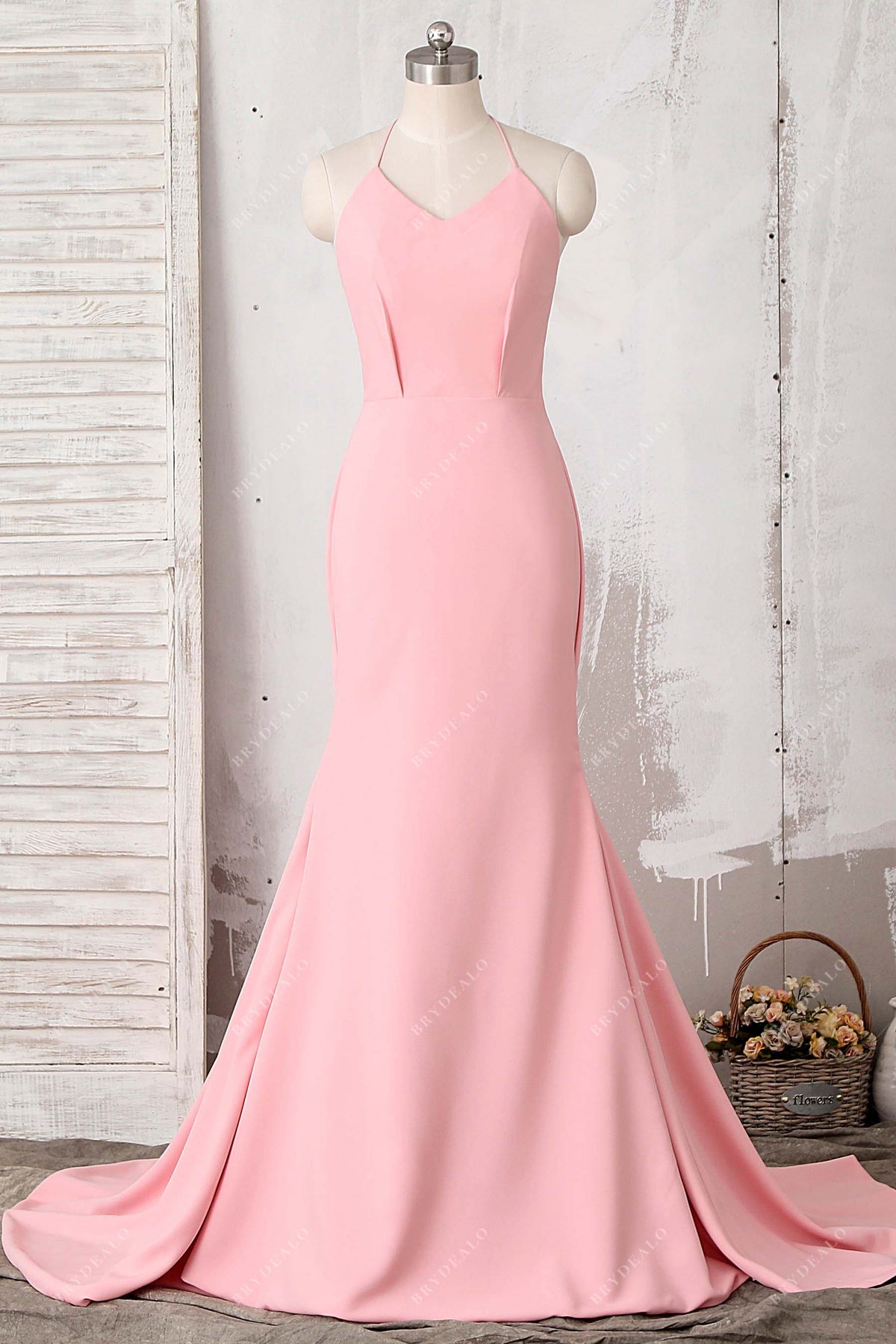 Pink Crepe Thin Straps Long Mermaid Prom Dress
