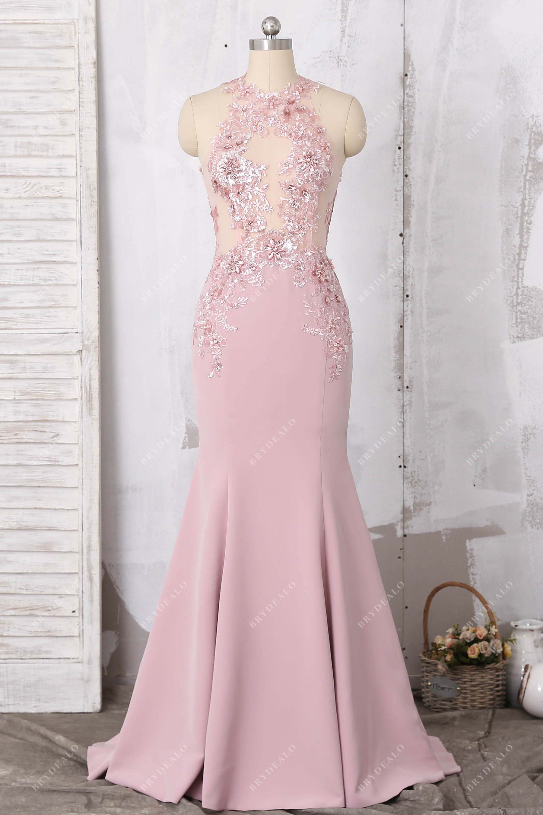 Illusion Beaded Lace Dusty Rose Prom Dress
