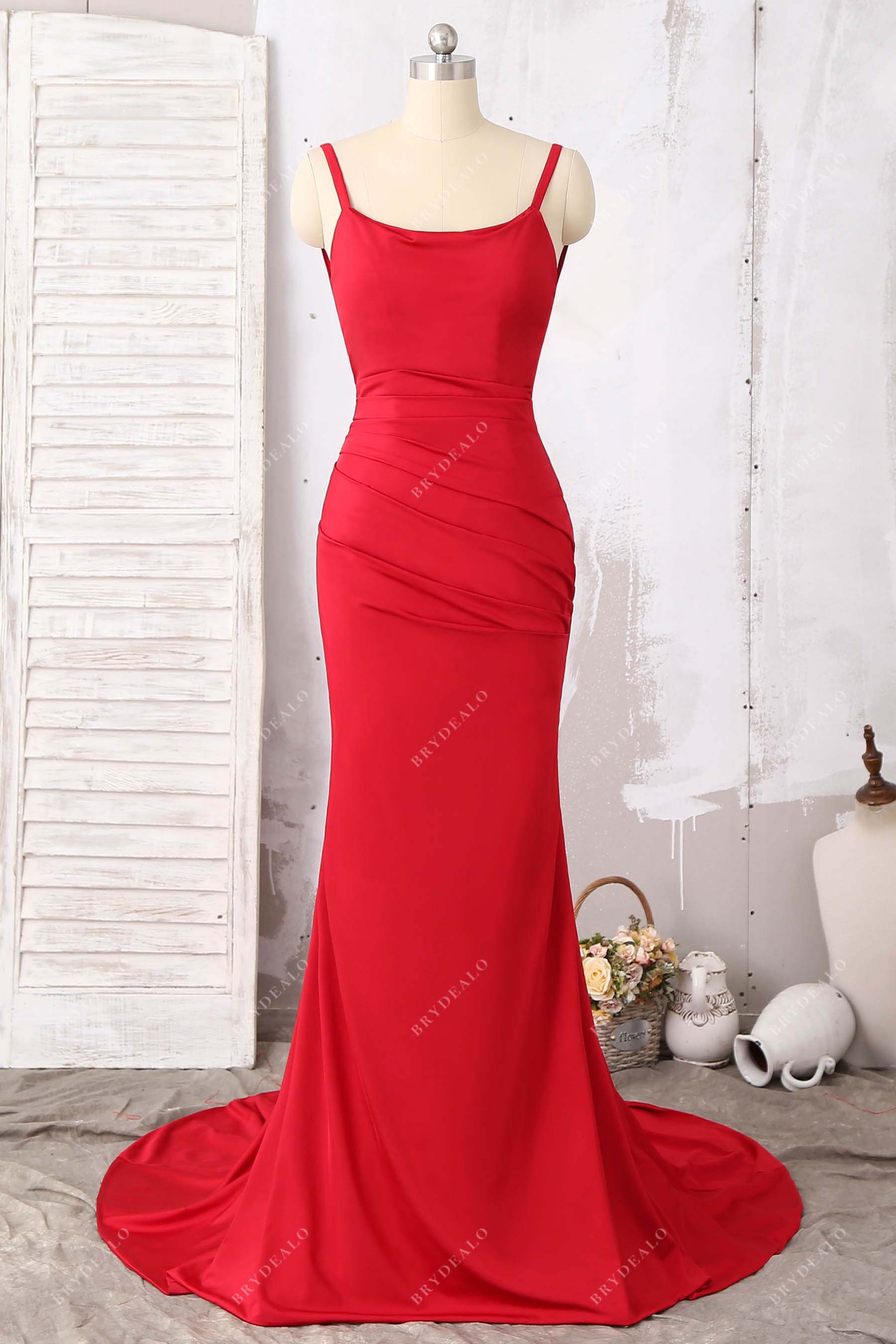 Red Jersey Thin Straps Ruched Mermaid Formal Gown