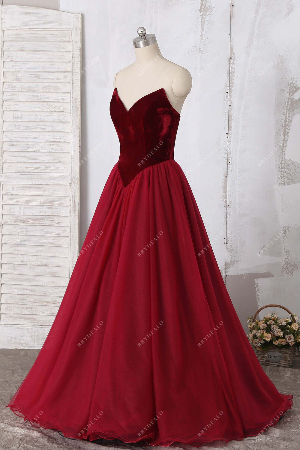 Wine Velvet Tulle V-neck Basque Waist Formal Gown