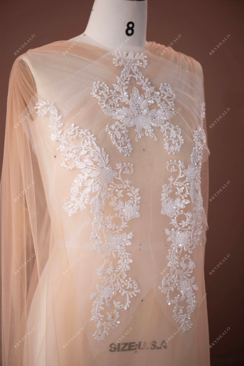 Shimmery Delicate Beaded Bridal Lace Applique for Wholesale